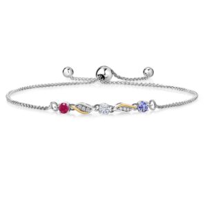 gem stone king 925 silver and 10k yellow gold customized and personalized 3-stone 3mm round gemstone birthstone and white lab grown diamond tennis bracelet for women