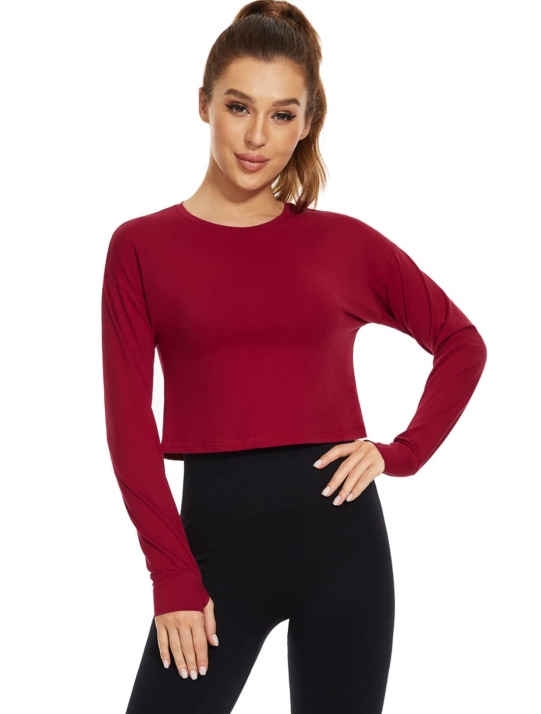 Cosy Pyro 3-Pack Womens Long Sleeve Crop Tops Athletic Casual Cropped Cotton Workout Sweatshirt with Thumb Hole Black/Navy/Wine S