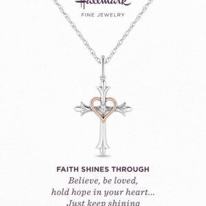 HALLMARK DIAMONDS Faith Cross with Hearth Necklace Pendant in Sterling Silver and 14K Rose Gold Plating and Diamonds