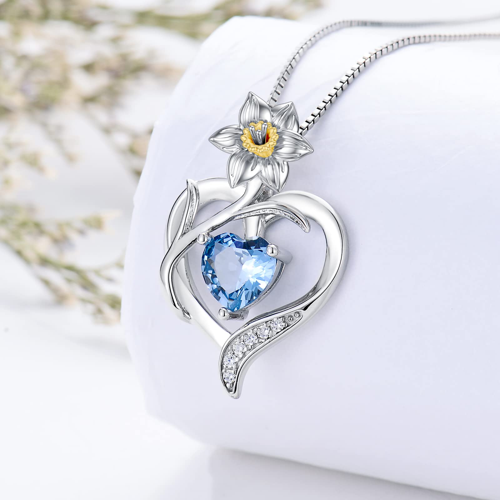 TOUPOP March Birth Flower Necklace 925 Sterling Silver Daffodils Floral Heart Pendant Necklace with March Aquamarine Birthstone Birthday Jewelry Gifts for Women