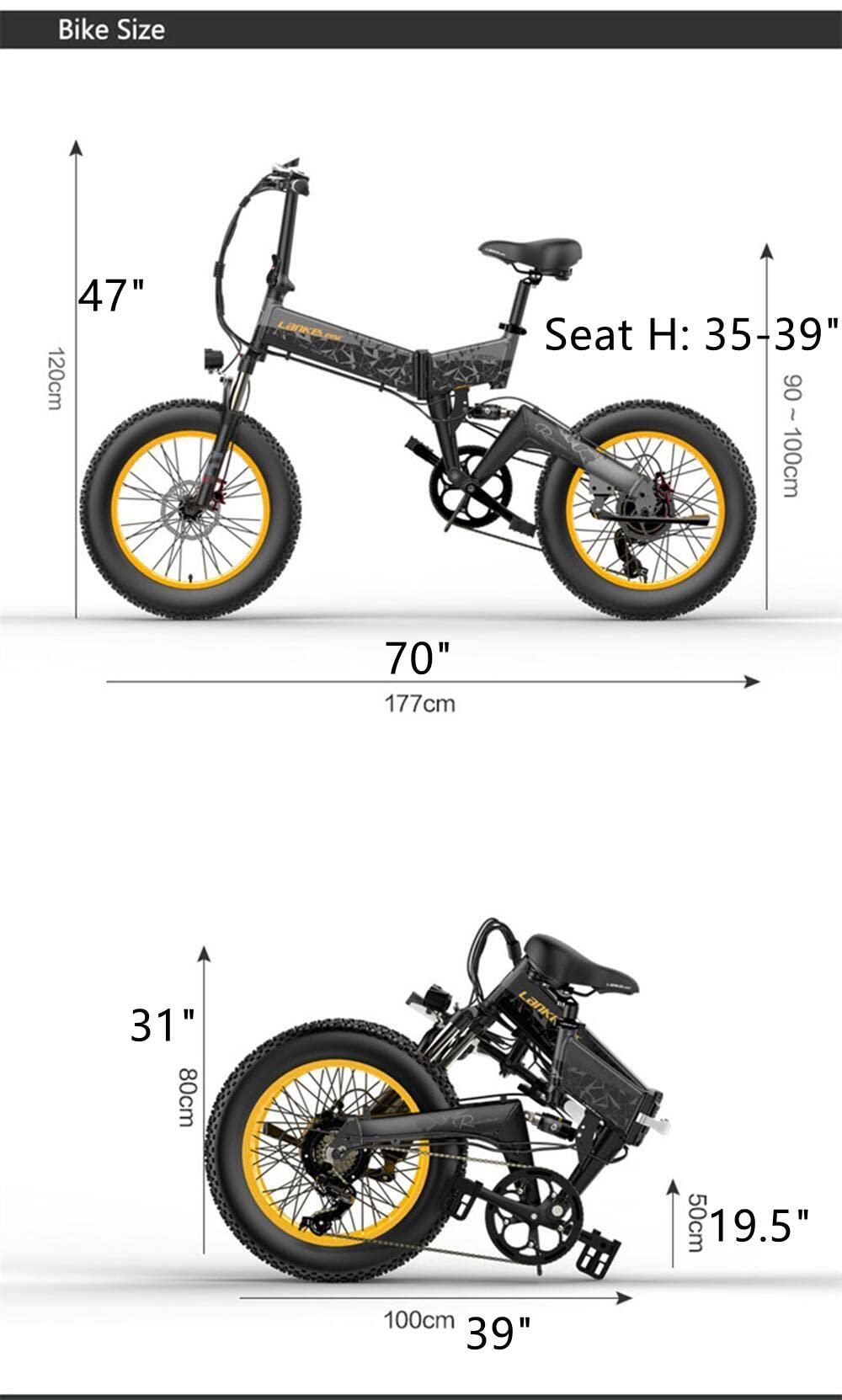 iRonsnow Lankeleisi 20" Fat Tire Electric Bike, 1000W Motor Folding Bicycle 28MPH 90NM - 7 Speed E Snow Mountain Ebike 48V 17.5Ah Lithium Battery E-Bike