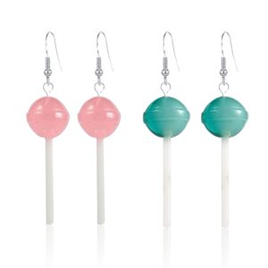 gbahfy 2 pairs aesthetic creative lovely cartoon resin round lollipop drop earring simulation candy dangle earring for women (2 pairs- pink+blue)