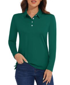 magcomsen women's swim shirt long sleeve polo tees shirts upf 50+ uv protection athletic shirts v-neck golf polo emerald green,m