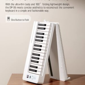 Donner 61-Key Folding Bluetooth Keyboard Piano for Beginners, Portable Piano Keyboard with Music Rest, Bag, Pedal, and App - White