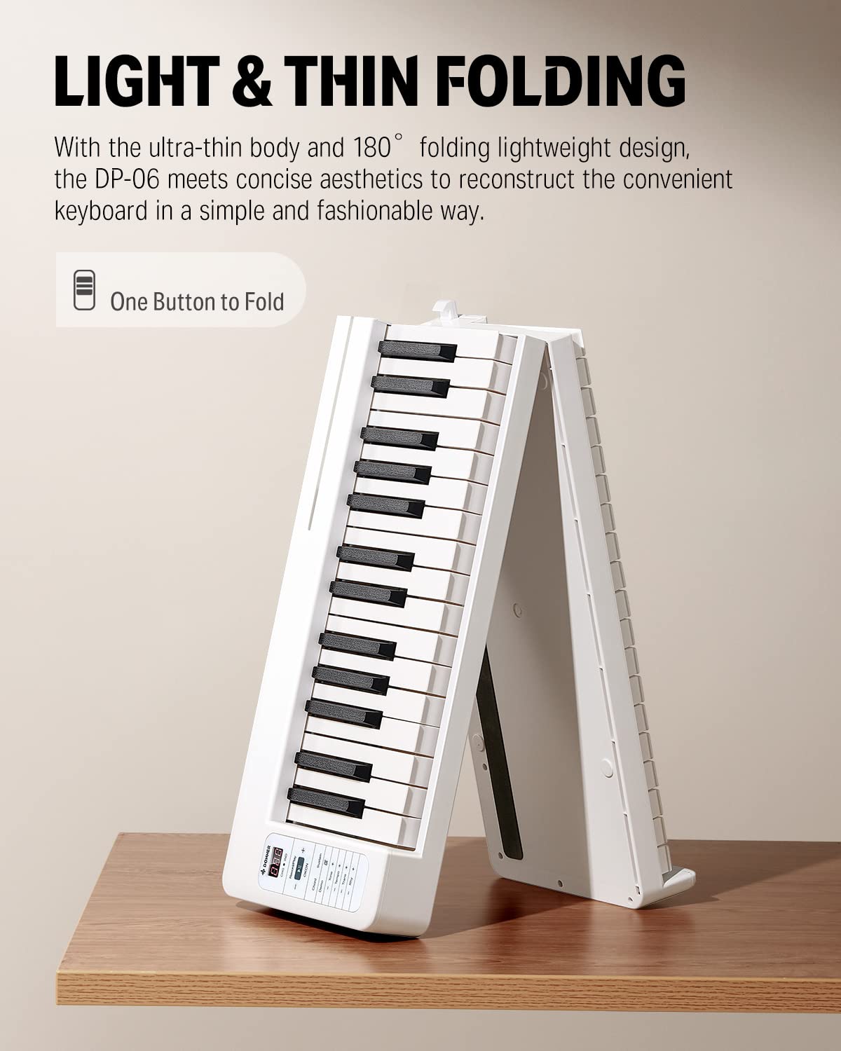 Donner 61-Key Folding Bluetooth Keyboard Piano for Beginners, Portable Piano Keyboard with Music Rest, Bag, Pedal, and App - White