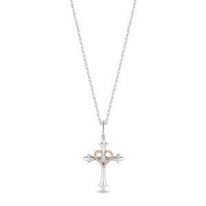 HALLMARK DIAMONDS Faith Cross with Hearth Necklace Pendant in Sterling Silver and 14K Rose Gold Plating and Diamonds