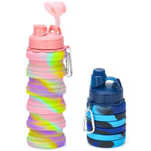 collapsible water bottles, 2 pack 16oz silicone travel water bottle leakproof bpa free foldable sport water bottles with leak proof twist cap for camping,hiking outdoor indoor sport