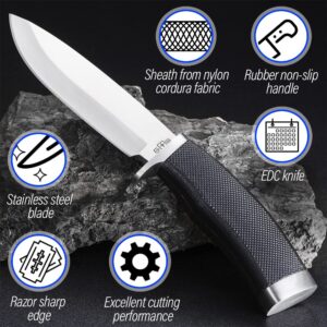 Bundle of 2 Items - Pocket Knife - Survival Military Foldable Knife - Best Outdoor Camping Hunting Folding Knife - Bushcraft Field Gear Accessories Tool - Fixed Blade Sharp Knofe with Rubber Handle