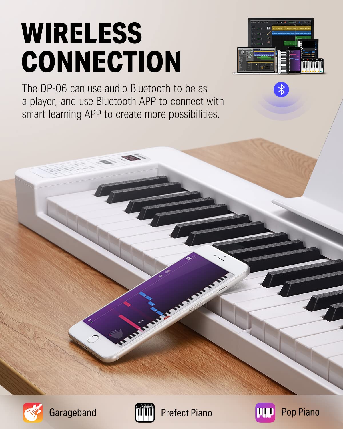 Donner 61-Key Folding Bluetooth Keyboard Piano for Beginners, Portable Piano Keyboard with Music Rest, Bag, Pedal, and App - White