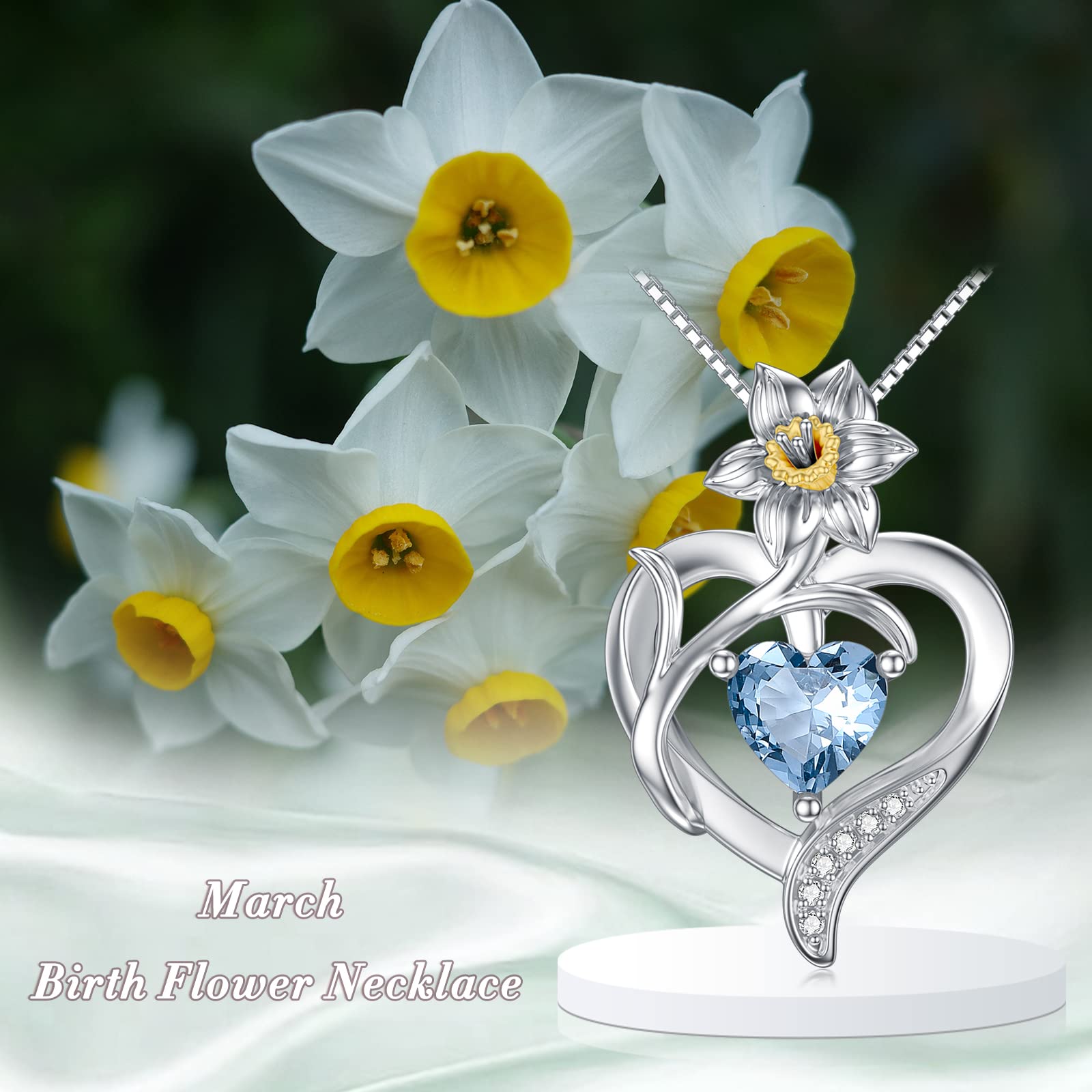 TOUPOP March Birth Flower Necklace 925 Sterling Silver Daffodils Floral Heart Pendant Necklace with March Aquamarine Birthstone Birthday Jewelry Gifts for Women