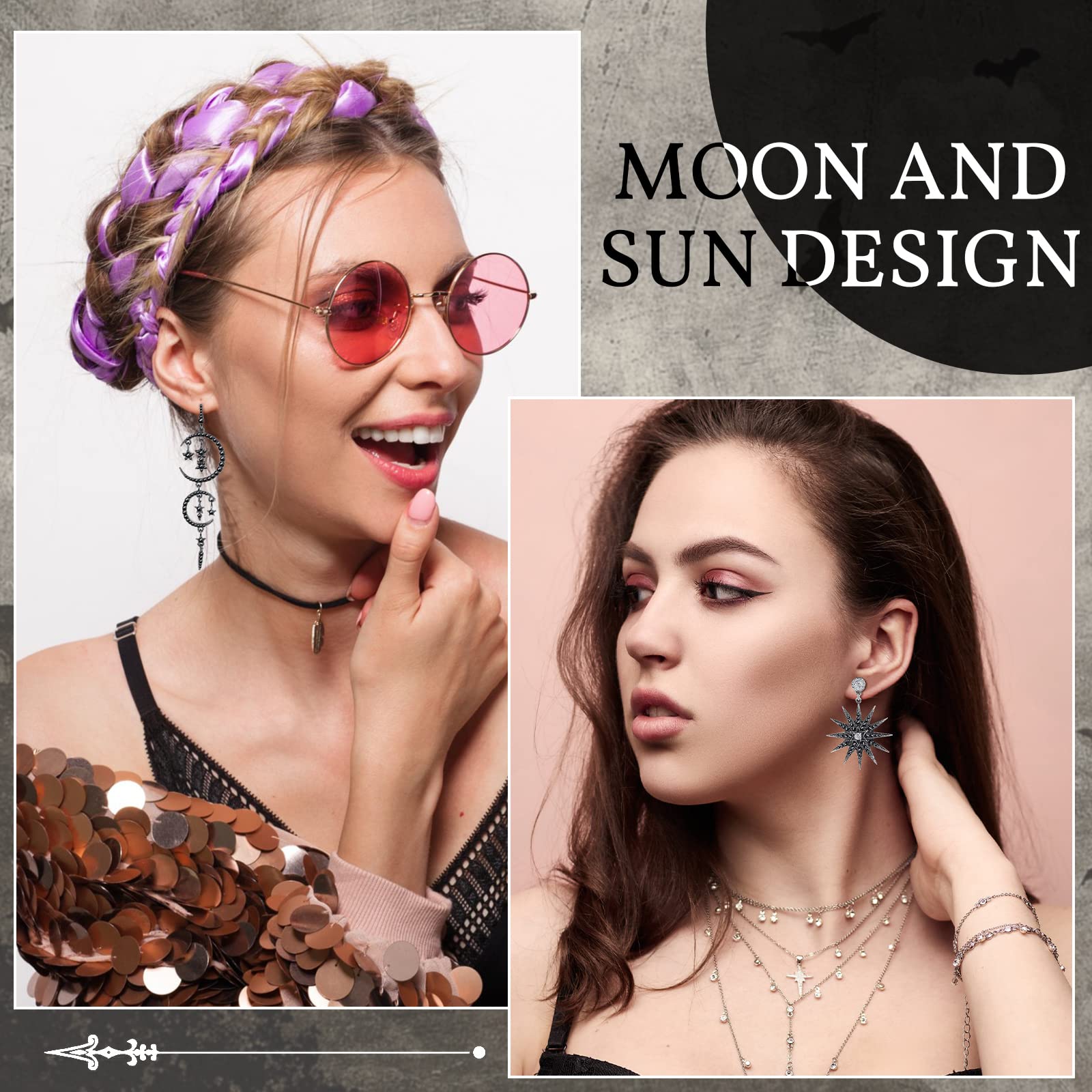 2 Pairs Goth Earrings Moon Drop Earrings Sun Star Earring Rhinestone Punk Earrings Vintage Long Drop Dangle Stud for Women(Black)