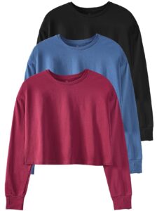 cosy pyro 3-pack womens long sleeve crop tops athletic casual cropped cotton workout sweatshirt with thumb hole black/navy/wine s