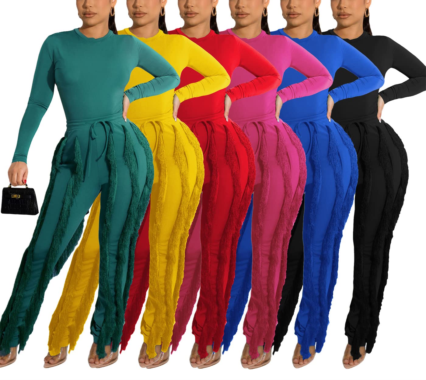 Vakkest Tassel Bodycon Long Pants Tracksuit Sets for Women Ladies Girls Females Two Piece Outfits Activewear Sweatpants