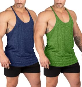 aitrepeo stringer bodybuilding tank tops low cut off gym workout training stretch polyester quick dry t shirts/green/blue/s