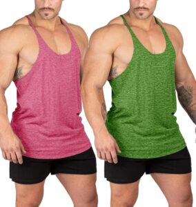 aitrepeo stringer bodybuilding tank tops low cut off gym workout training stretch polyester quick dry t shirts/green/pink/m