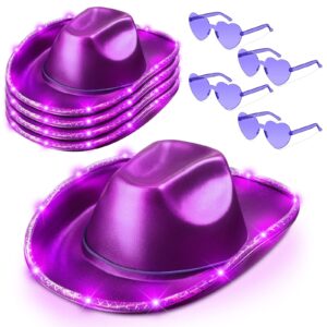 zhanmai 8 pieces cowboy hat led light up hat and heart sunglasses sparkly space cowgirl hat for women girls halloween costume (purple)