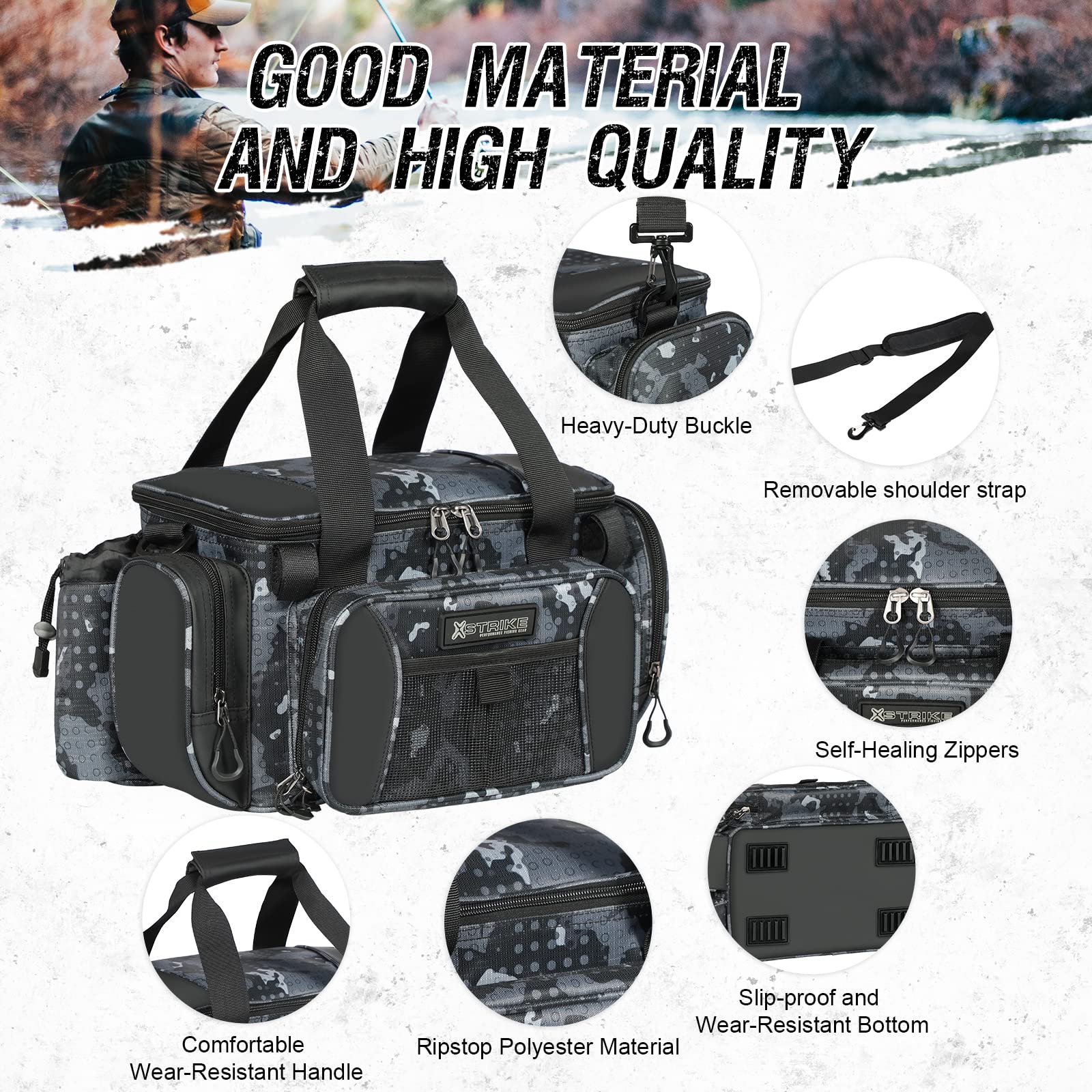 X Strike Fishing Tackle Bag, Fishing Bag Waterproof Fishing Storage Bag with 4 3600 Tackle Box, Saltwater and Freshwater Tackle Shoulder Bag for Fishing, camping, hunting, hiking, travel.