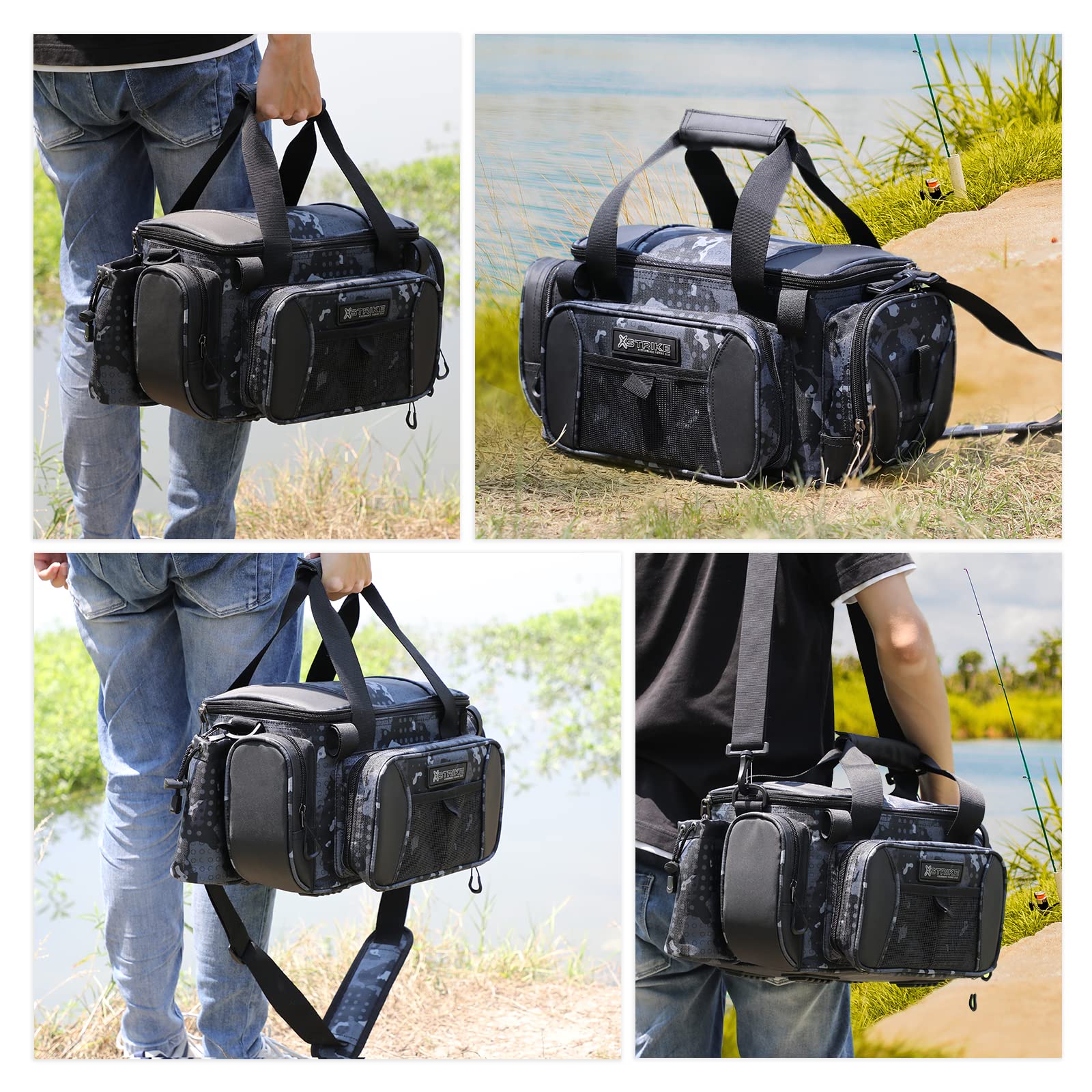 X Strike Fishing Tackle Bag, Fishing Bag Waterproof Fishing Storage Bag with 4 3600 Tackle Box, Saltwater and Freshwater Tackle Shoulder Bag for Fishing, camping, hunting, hiking, travel.