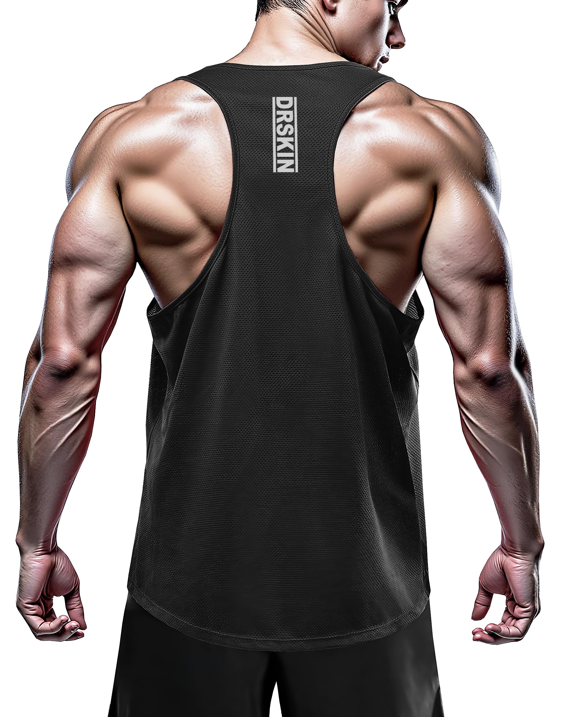 DRSKIN Men's 4 Pack Dry Fit Y-Back Muscle Tank Tops Mesh Sleeveless Gym Bodybuilding Training Athletic Workout Cool Shirts (BTF-ME-TA-(B,W,N,G), L)