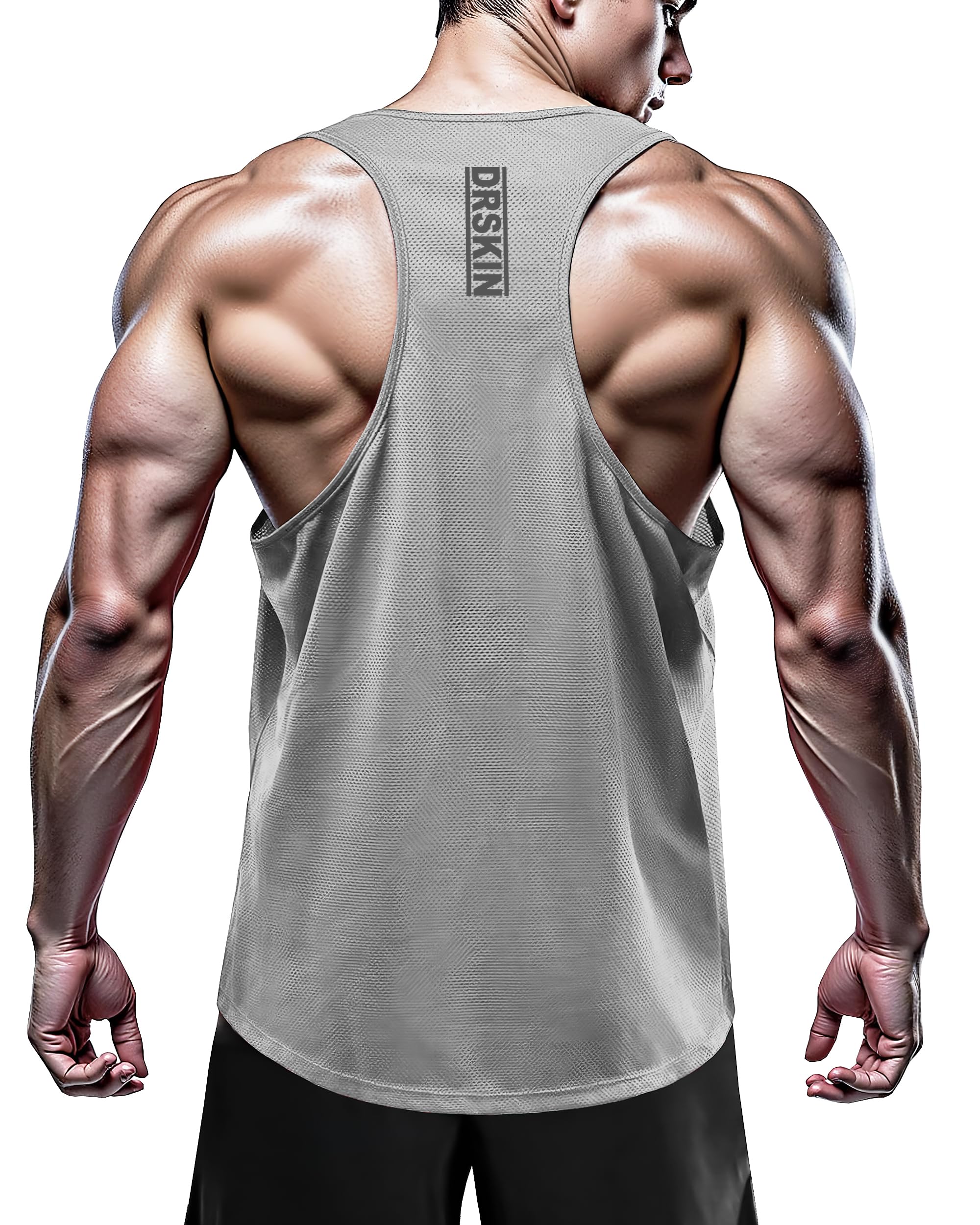 DRSKIN Men's 4 Pack Dry Fit Y-Back Muscle Tank Tops Mesh Sleeveless Gym Bodybuilding Training Athletic Workout Cool Shirts (BTF-ME-TA-(B,W,N,G), L)