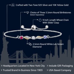 Gem Stone King 925 Silver and 10K Yellow Gold Customized and Personalized 3-Stone 3MM Round Gemstone Birthstone and White Lab Grown Diamond Tennis Bracelet For Women