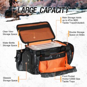 X Strike Fishing Tackle Bag, Fishing Bag Waterproof Fishing Storage Bag with 4 3600 Tackle Box, Saltwater and Freshwater Tackle Shoulder Bag for Fishing, camping, hunting, hiking, travel.