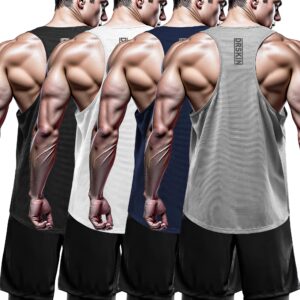 DRSKIN Men's 4 Pack Dry Fit Y-Back Muscle Tank Tops Mesh Sleeveless Gym Bodybuilding Training Athletic Workout Cool Shirts (BTF-ME-TA-(B,W,N,G), L)