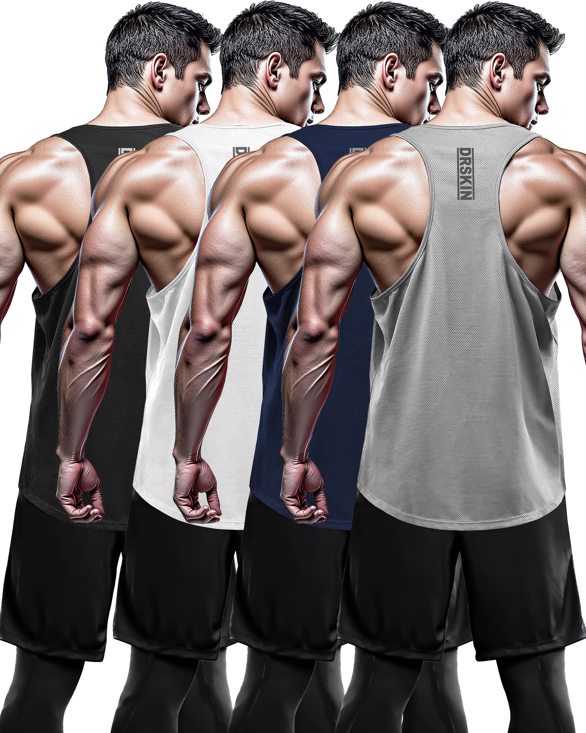 DRSKIN Men's 4 Pack Dry Fit Y-Back Muscle Tank Tops Mesh Sleeveless Gym Bodybuilding Training Athletic Workout Cool Shirts (BTF-ME-TA-(B,W,N,G), L)