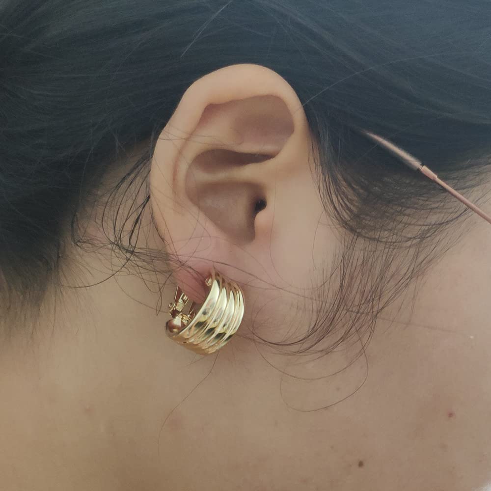 Small Gold Clip On Hoop Earrings for Women Unique Textured Chunky Hoops Clip Earrings No Pierced