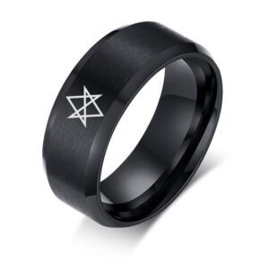 unicursal hexagram ring - black thelema pentagram matte finger ring stainless steel thumb band for men women pagan talisman amulet jewelry, size 10