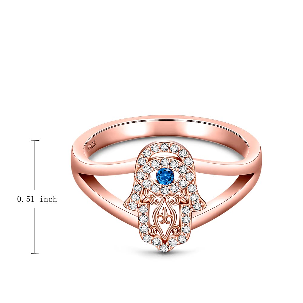 Evil Eye Hamsa Ring Hand of Fatima Rings for Women 925 Sterling Silver Protection Good Luck Spiritual Rose Gold Plated Blue Third Eye Jewelry Dainty Christmas Gifts Size 7