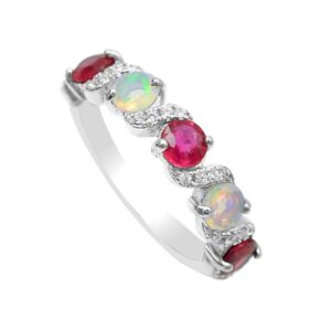 natural 4 mm ruby & ethiopian cut opal gemstone ring 925 sterling silver july birthstone cluster ring opal jewelry birthday gift for wife (sterling silver, 8.5 us)