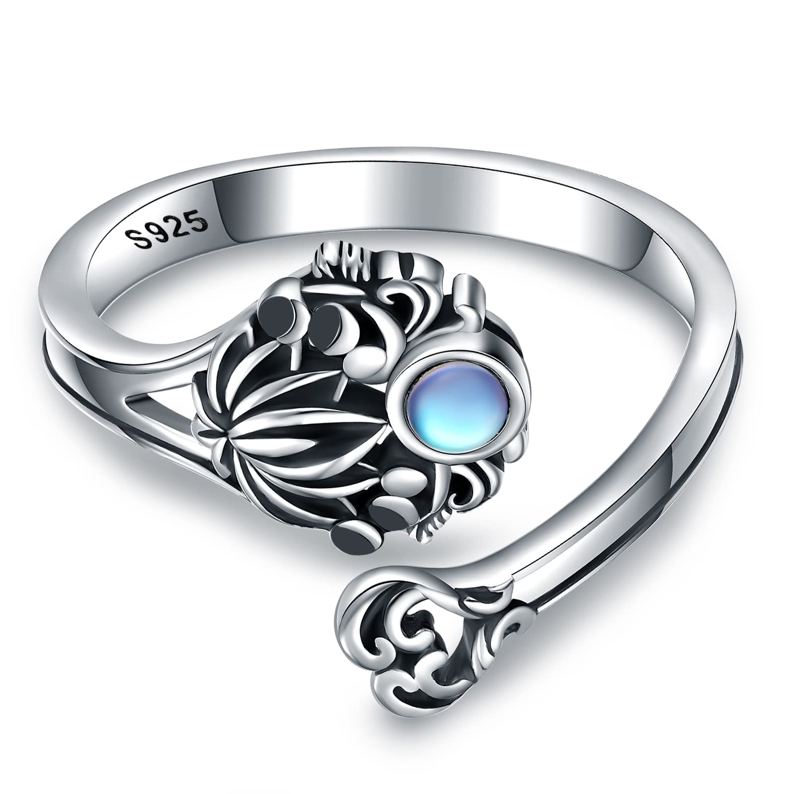 S925 Sterling Silver Spoon Ring for Women - Cross Turquoise Lotus Moonstone Style Spoon Rings Adjustable - Antique Wrap Thumb Ring Open Size 6-11 (Lotus Moonstone Style)