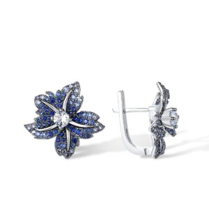 Santuzza 925 Sterling Silver Lily Earrings Blue Spinel Nano Cubic Zirconia Gemstone Flower Dangle Earrings for Women