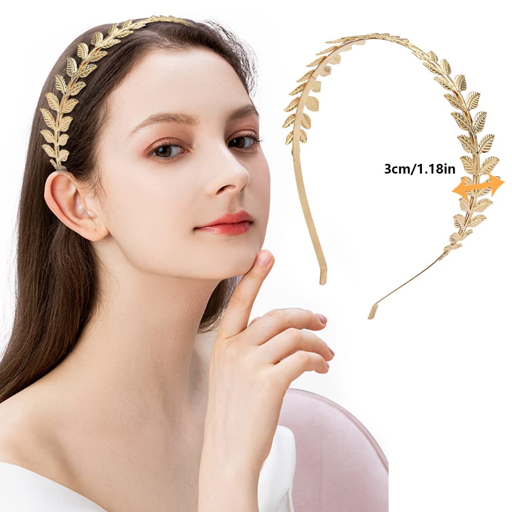 INLAZTIM 5 PCS Greek Goddess Leaf Headband for Bride, Golden Roman Laurel Leaf Branch Crown Bridal Headpiece Wedding Hairband for Women Tiara Costume Hair Accessories