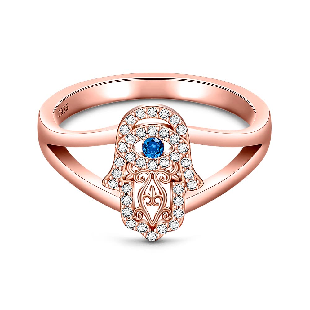 Evil Eye Hamsa Ring Hand of Fatima Rings for Women 925 Sterling Silver Protection Good Luck Spiritual Rose Gold Plated Blue Third Eye Jewelry Dainty Christmas Gifts Size 7