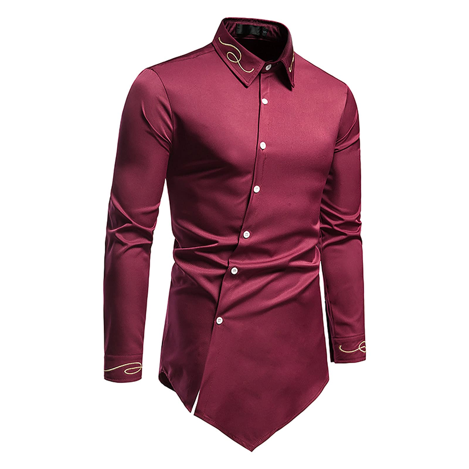 Dress Shirts for Men's Casual Embroidered Asymmetric Hem Long Sleeves Button Lapel Tuxedo Western Denim Blouse Top