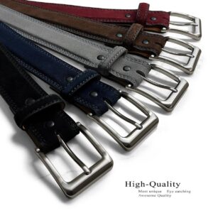 Classic Nickel Brushed Buckle Suede Belt Genuine Leather Casual Dress Belt 1-3/8"(35mm) Wide (Burgundy, 38)