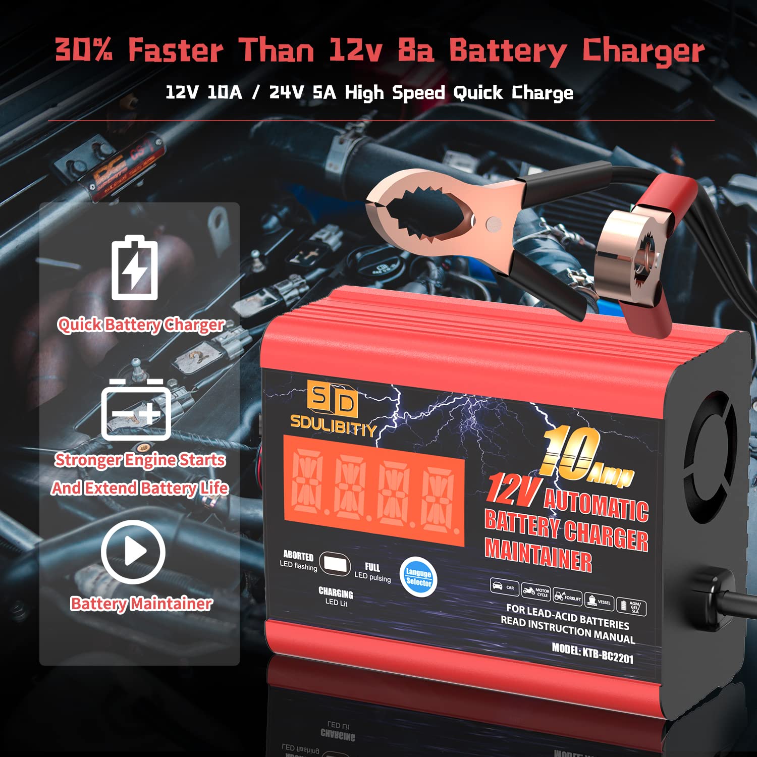 10A Fully-Automatic Smart Charger | 12V Automotive Car Battery Charger | Trickle Battery Charger Maintainer for Car Truck Motorcycle Lawn Mower Boat Marine Lead Acid Batteries