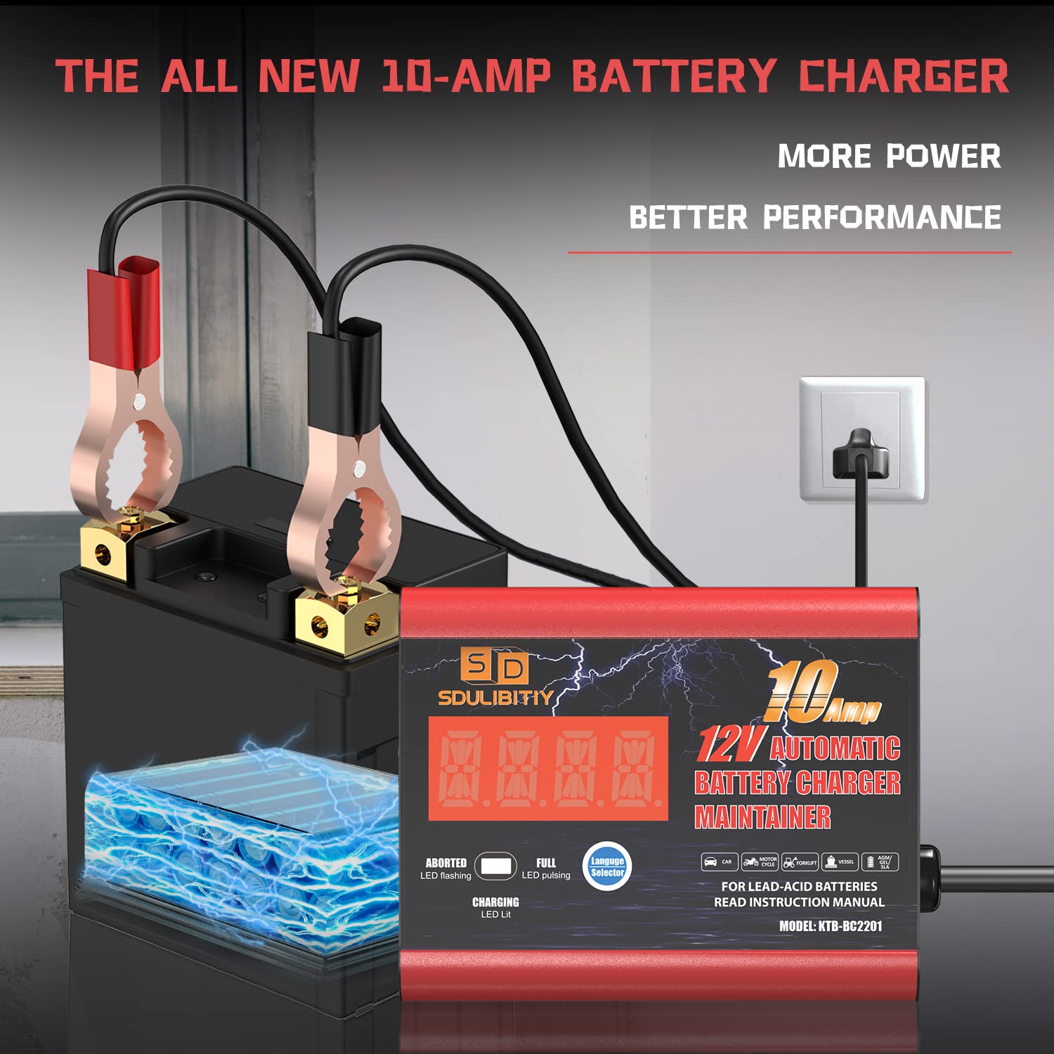 10A Fully-Automatic Smart Charger | 12V Automotive Car Battery Charger | Trickle Battery Charger Maintainer for Car Truck Motorcycle Lawn Mower Boat Marine Lead Acid Batteries