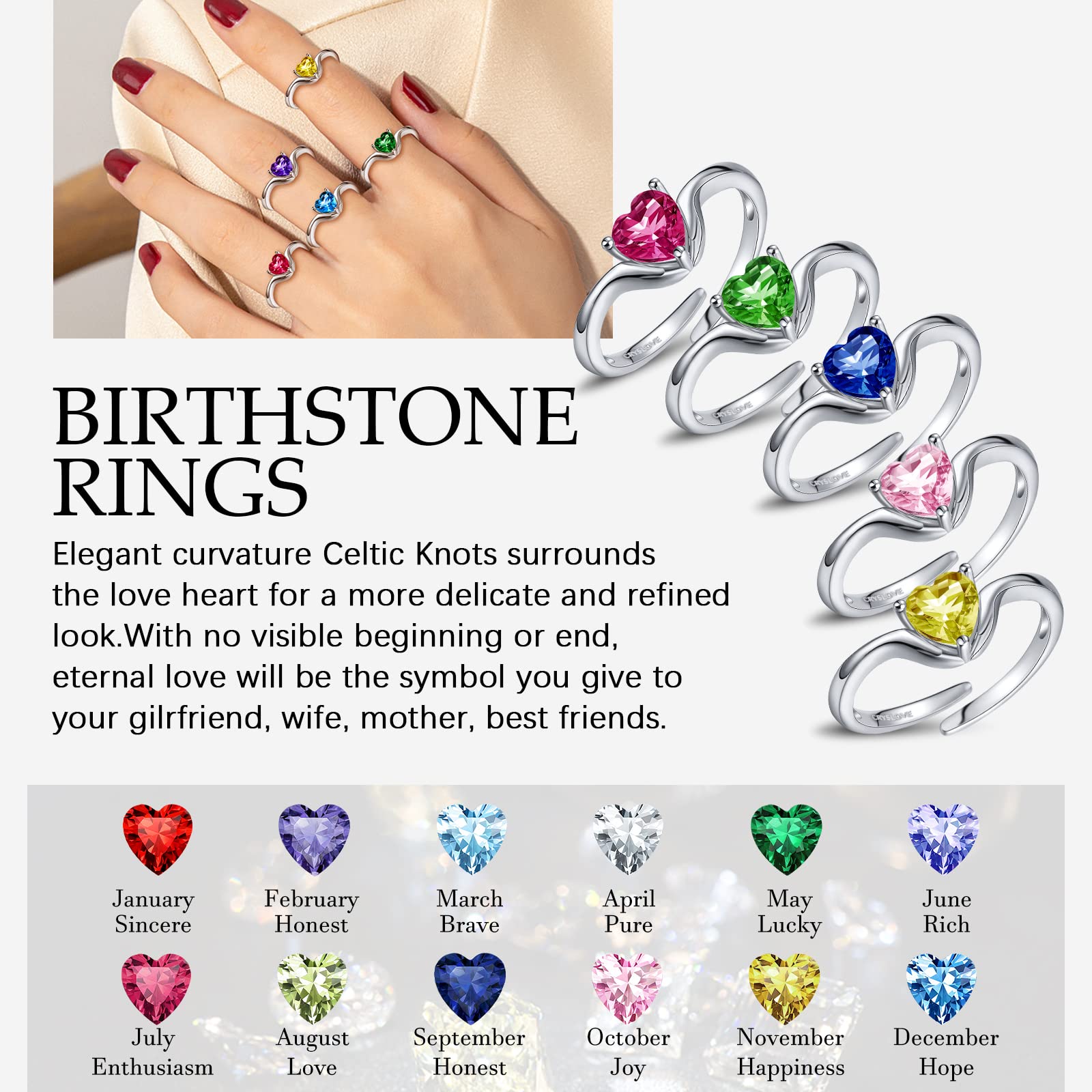 ANNA QUEEN Mother's Day 925 Sterling Silver Hug Birthstone Rings for Women Adjustable Open Promise Statement Ring for Couple Mom Wife Girlfriends