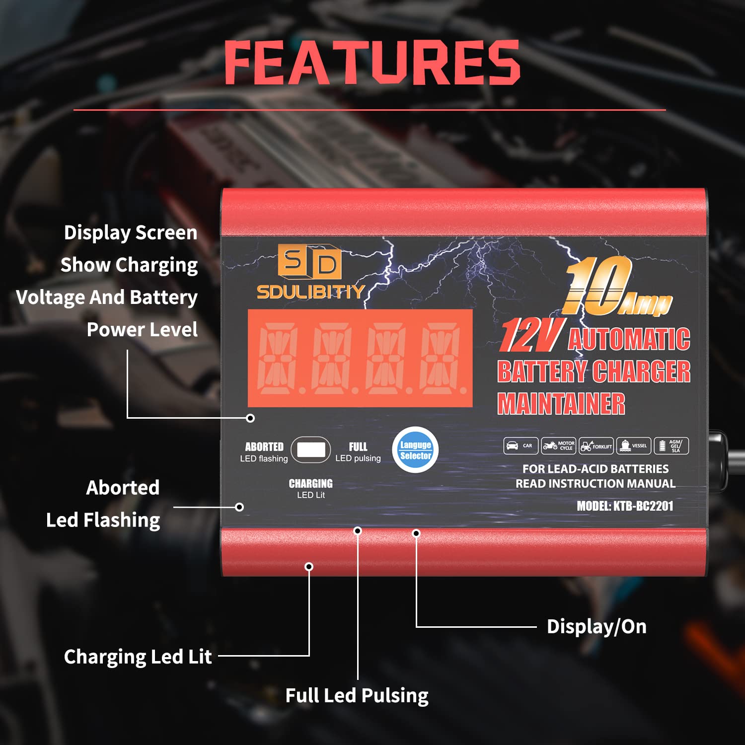 10A Fully-Automatic Smart Charger | 12V Automotive Car Battery Charger | Trickle Battery Charger Maintainer for Car Truck Motorcycle Lawn Mower Boat Marine Lead Acid Batteries