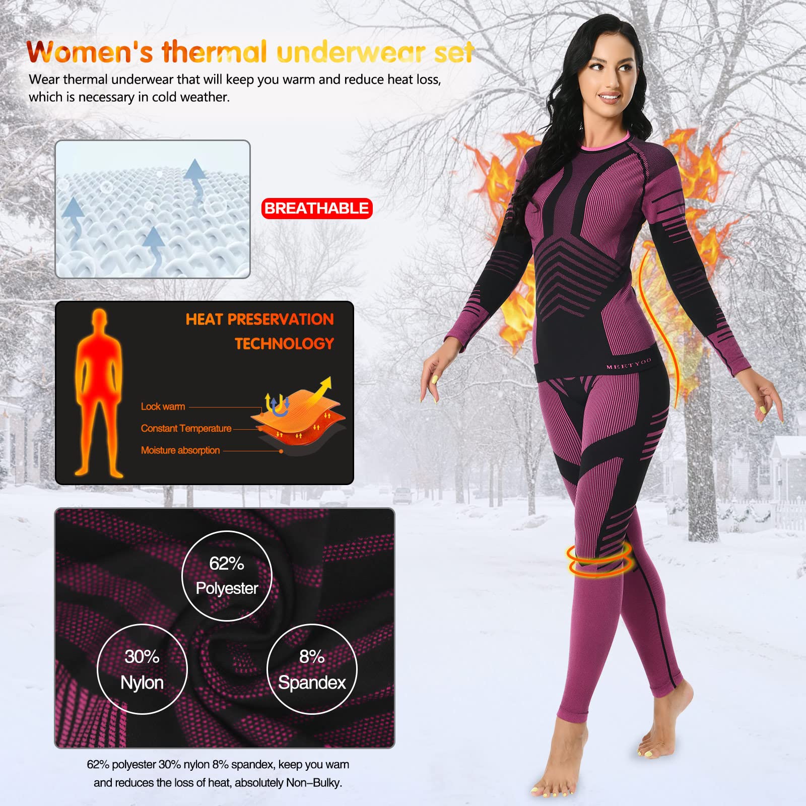 MEETYOO Women's Thermal Sets Winter Long Johns Warm Base Layer Top Bottom Cold Gear Skiing Underwear, Rose Red, Medium