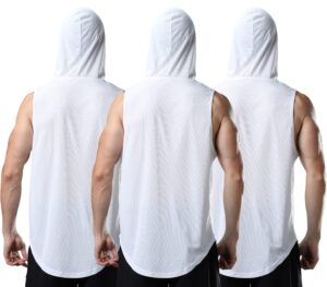 rogudua men's hooded tank top quick dry muscle gym shirts workout sleeveless hoodie 3 pack white us size xxl