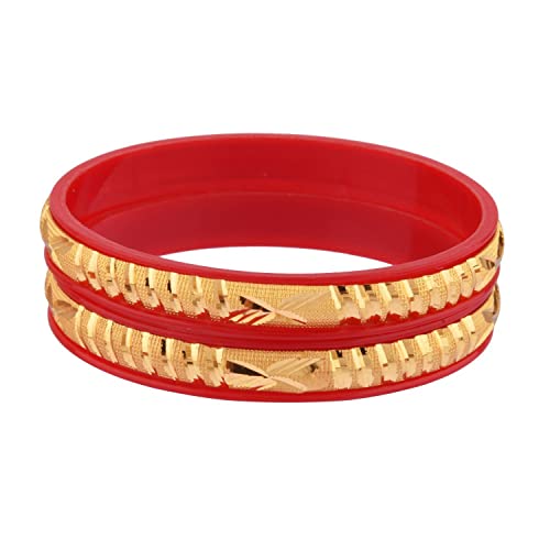 Efulgenz Traditional Bridal Red Acrylic Indian Wedding Bangles Gold Tone Engraved Glossy Bracelet Bangle Jewelry for Women (4 Pcs) Size 2.8