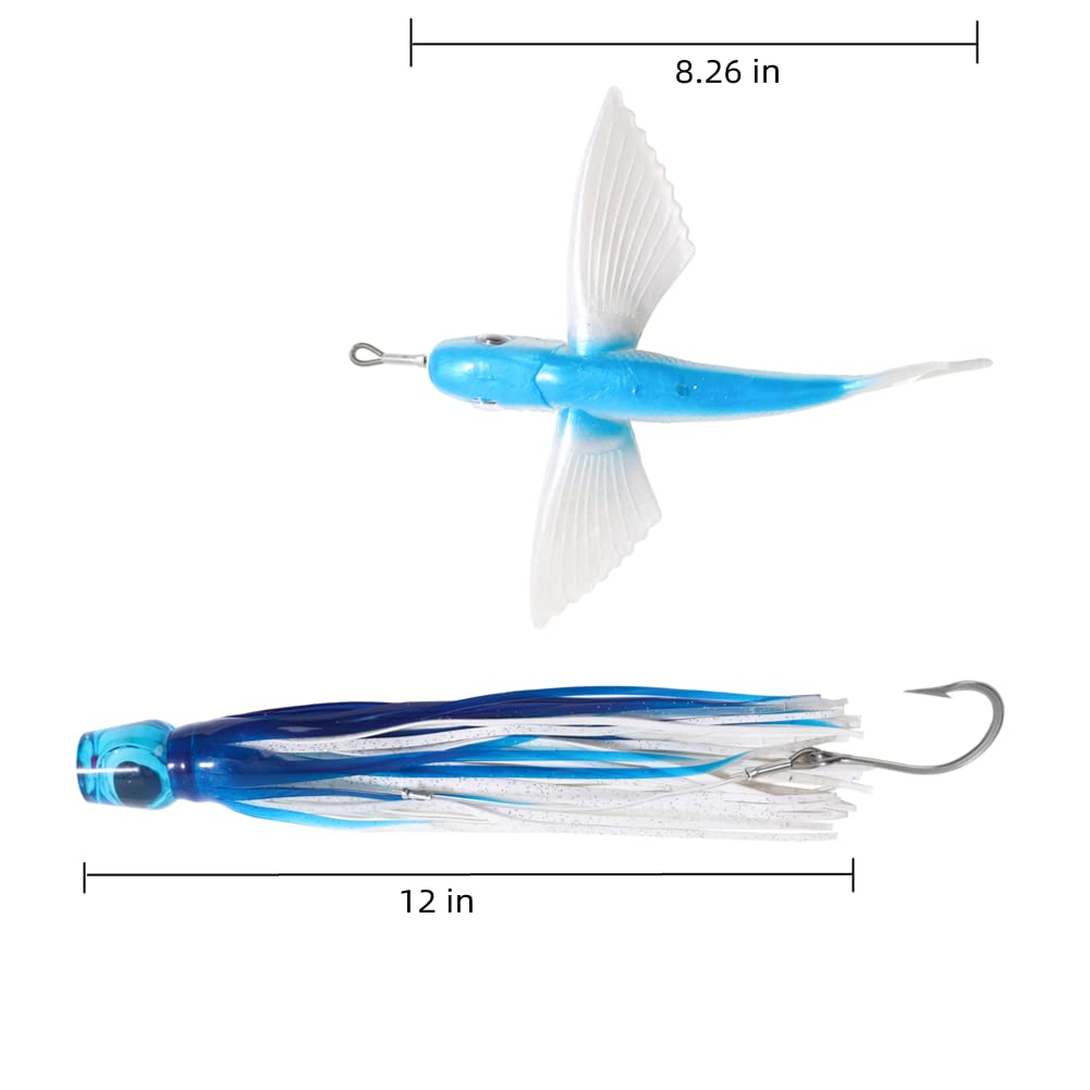 5 Pcs/Bag Blue Fly Fish Saltwater Trolling Fishing Lures Tuna Mahi Wahoo Dora Saltwater Big Game Fishing Tackle (12in Squid+Blue Fly Fish)