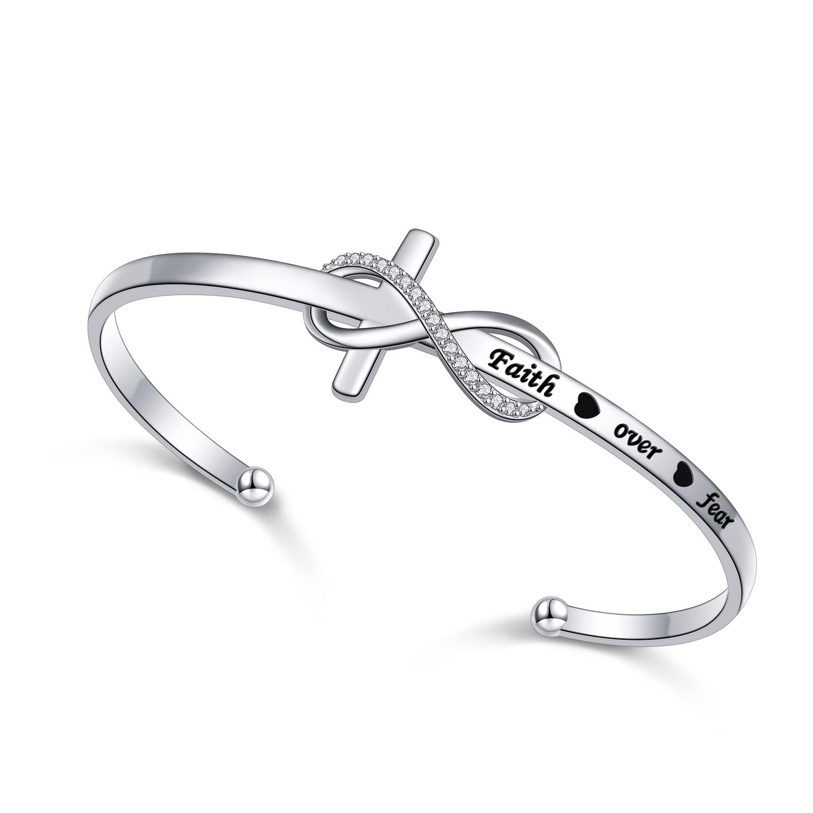 925 Sterling Silver Bible Verse Engraved Be Fearless Faith Over Fear Infinity Love Heart Cross Charm Cuff Bangle Sideways Cross Bracelet Religious Jewelry for Women Daughter Catholic