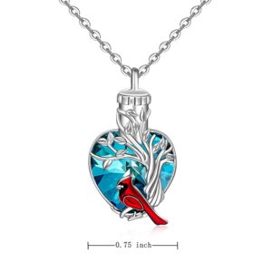 Cardinal Urn Necklace for Ashes for Women Tree of Life Cremation Urn Necklace Sterling Silver Heart Crystal Red Cardinal Memorial Keepsake Jewelry Pendant Christmas Gifts