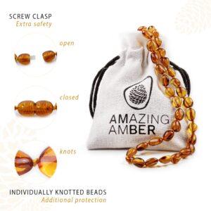 Amber Necklace - 100% Authentic Amber (Rich Honey, 13.5 inches), Certified Amber Necklace with Safety Clasp and Knotted Beads