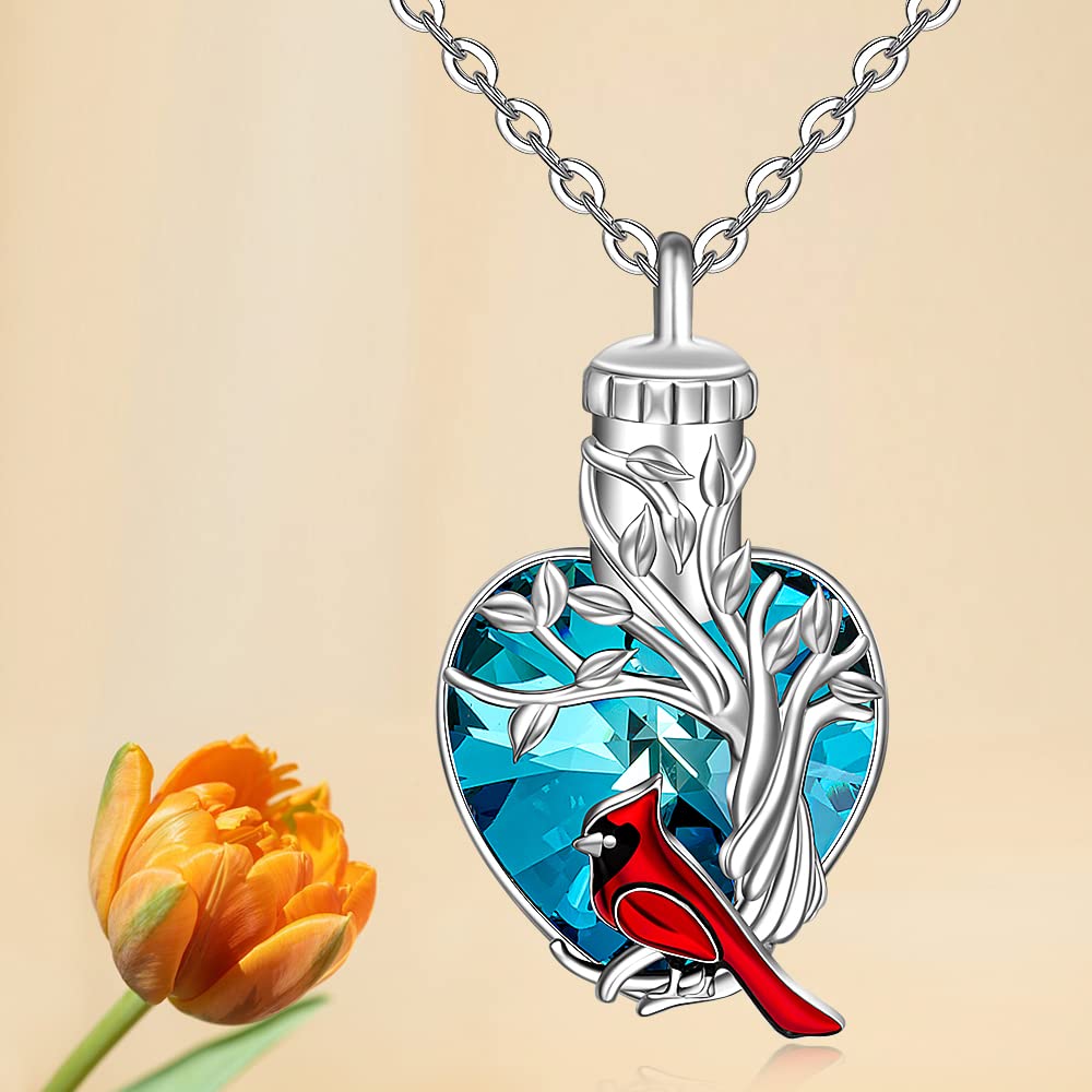 Cardinal Urn Necklace for Ashes for Women Tree of Life Cremation Urn Necklace Sterling Silver Heart Crystal Red Cardinal Memorial Keepsake Jewelry Pendant Christmas Gifts